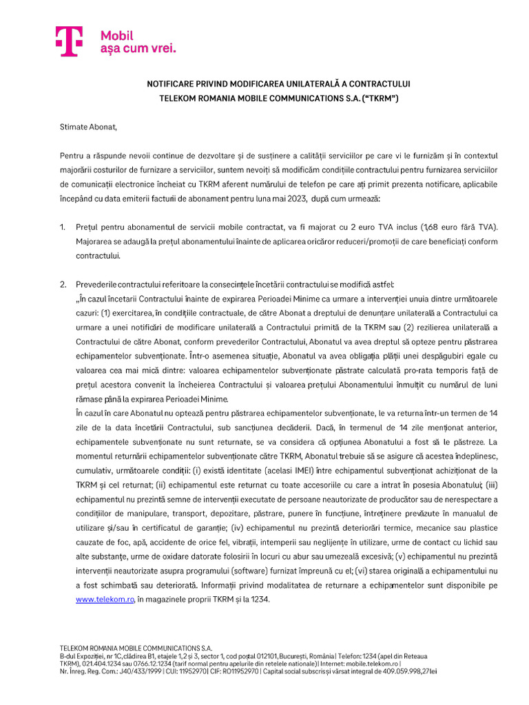 Abonat Telekom: Schimbări Contractuale | PDF