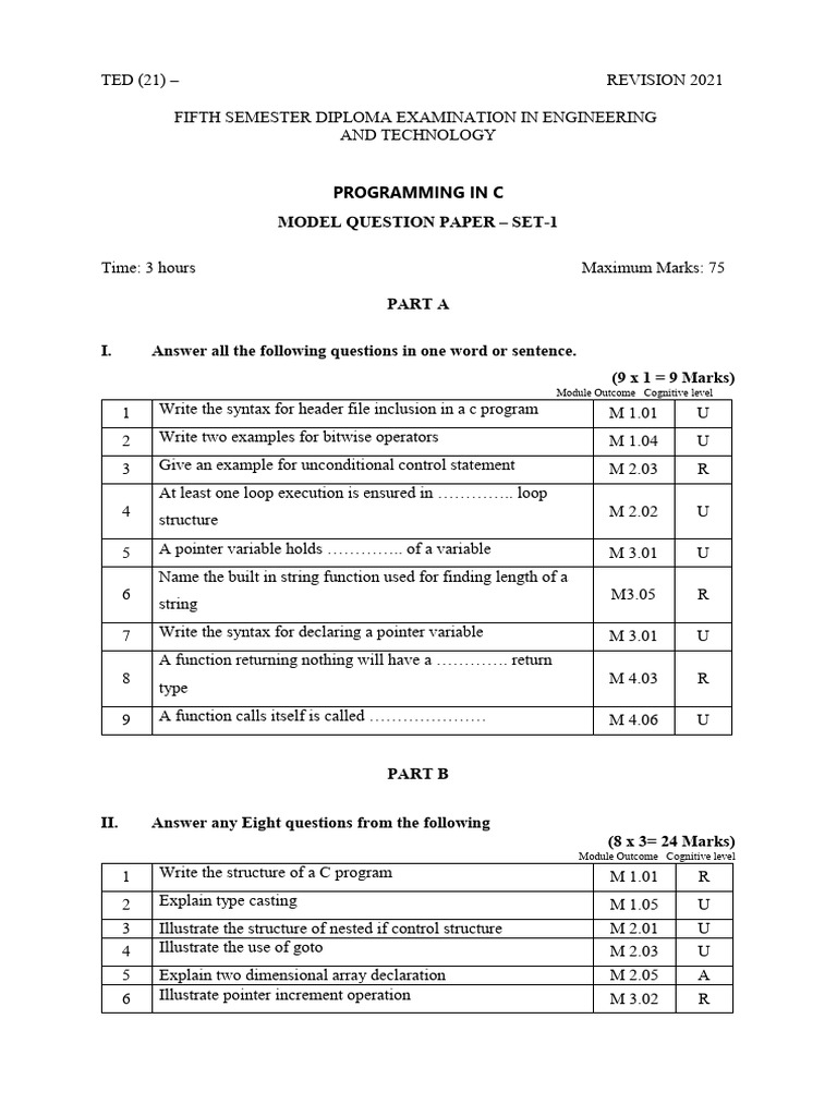 Programming in C Model Question Paper - Set-1 | PDF