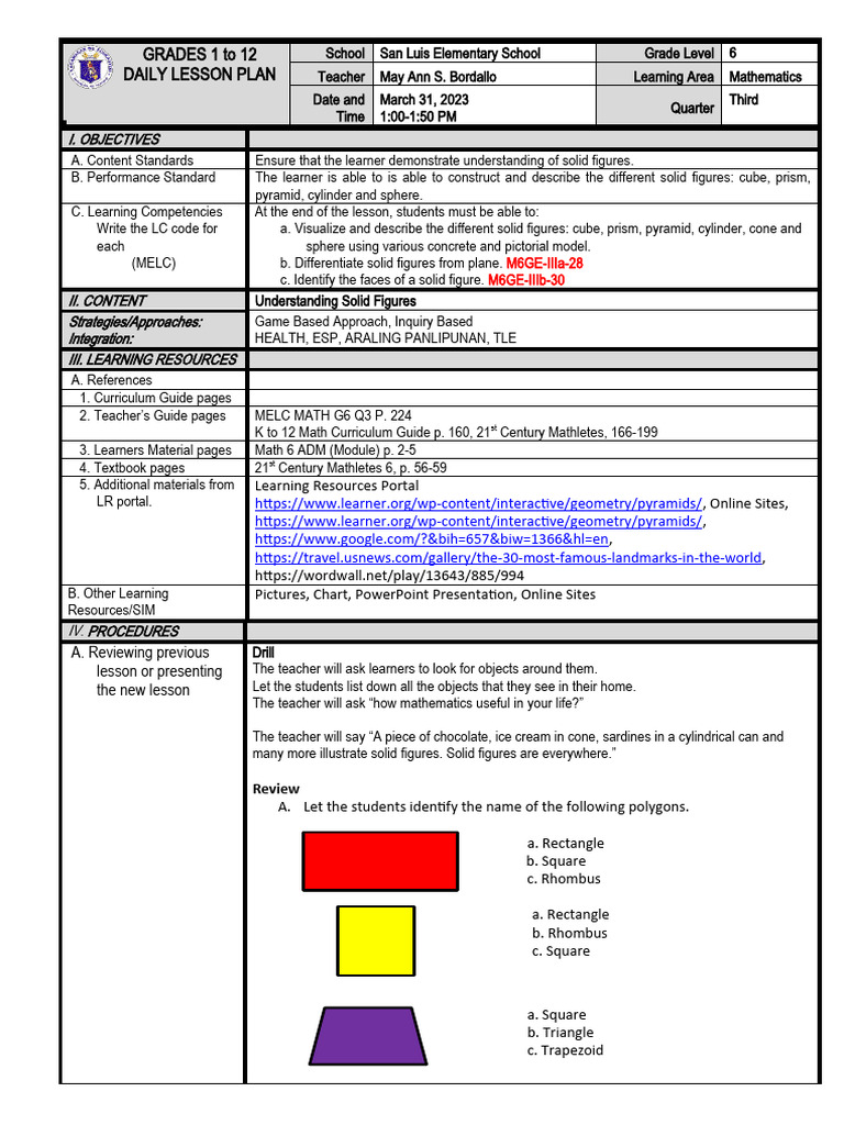 Grade 6 Math Lesson: Solid Figures | PDF | Shape | Rectangle