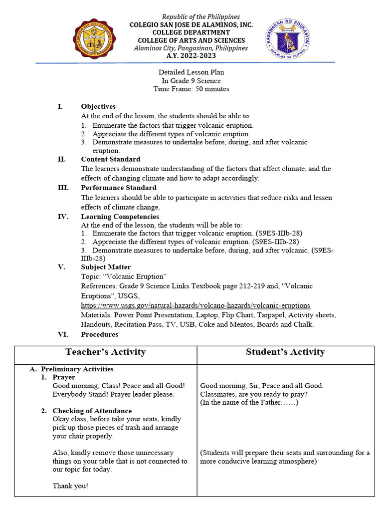 Grade 9 Volcanic Eruption Lesson | PDF | Science & Mathematics