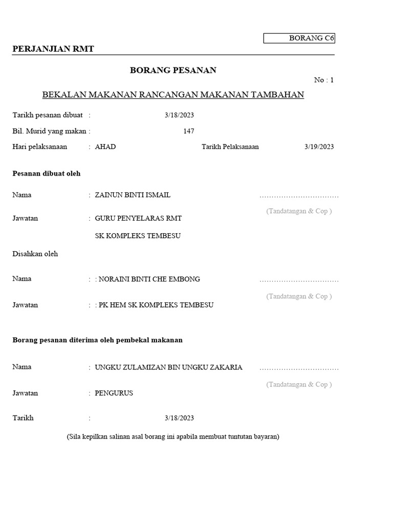 Borang Tempahan RMT | PDF
