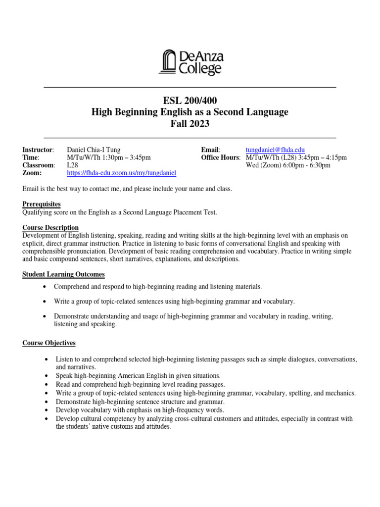 ESL 200/400 High Beginning Course Guide | PDF