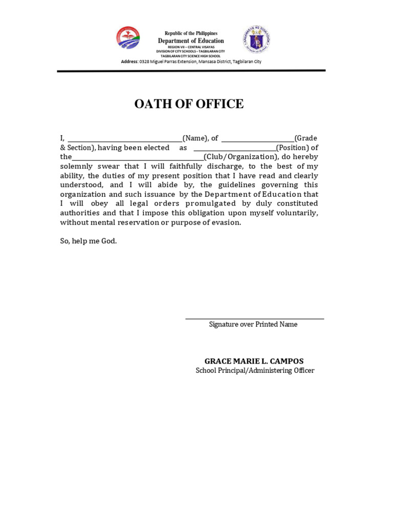 Oath of Office For Clubs and Orgs | PDF