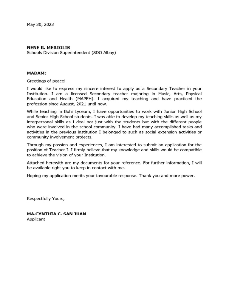 Cynthia Application Letter | PDF