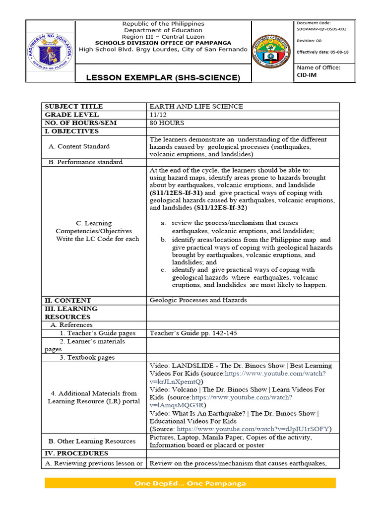 Revised Lesson - Exemplar - Earth and Life Science S11 12es If 31 32 ...