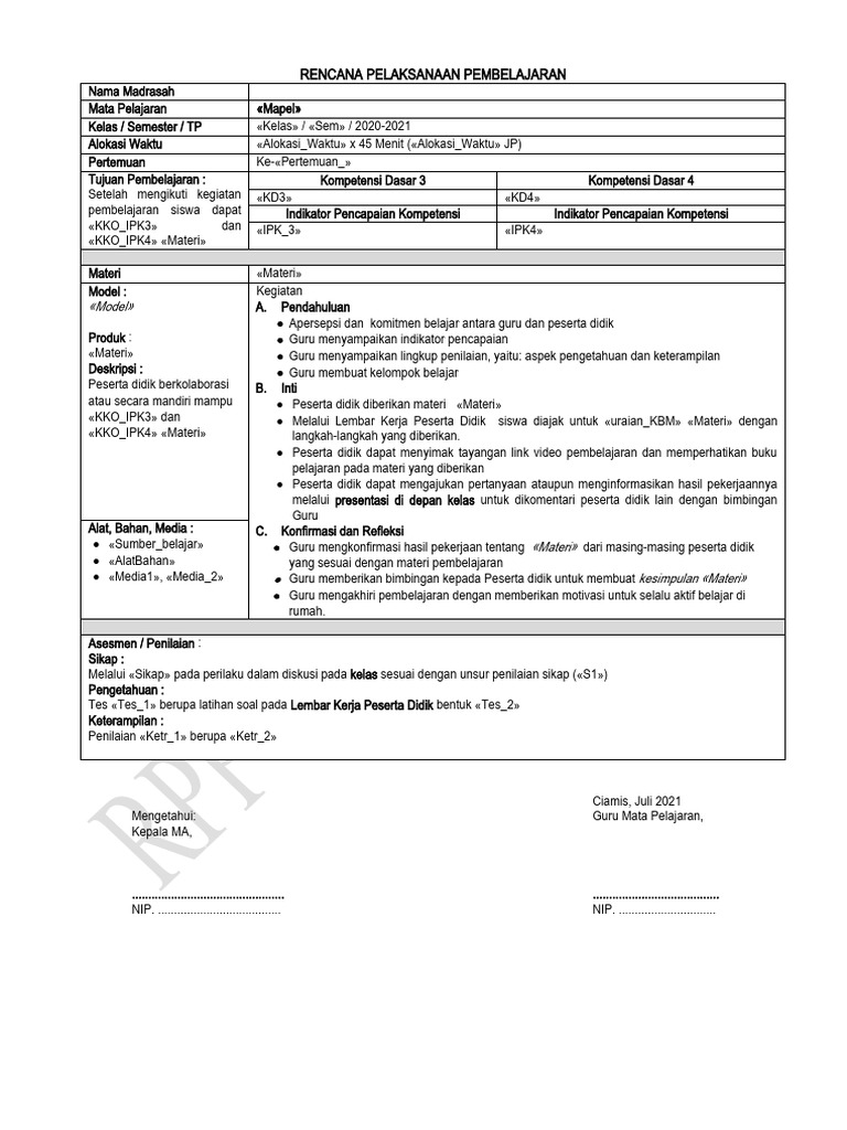 Contoh Mailmerger Form RPP Satu Lembar normalMGMP Math Jabar | PDF