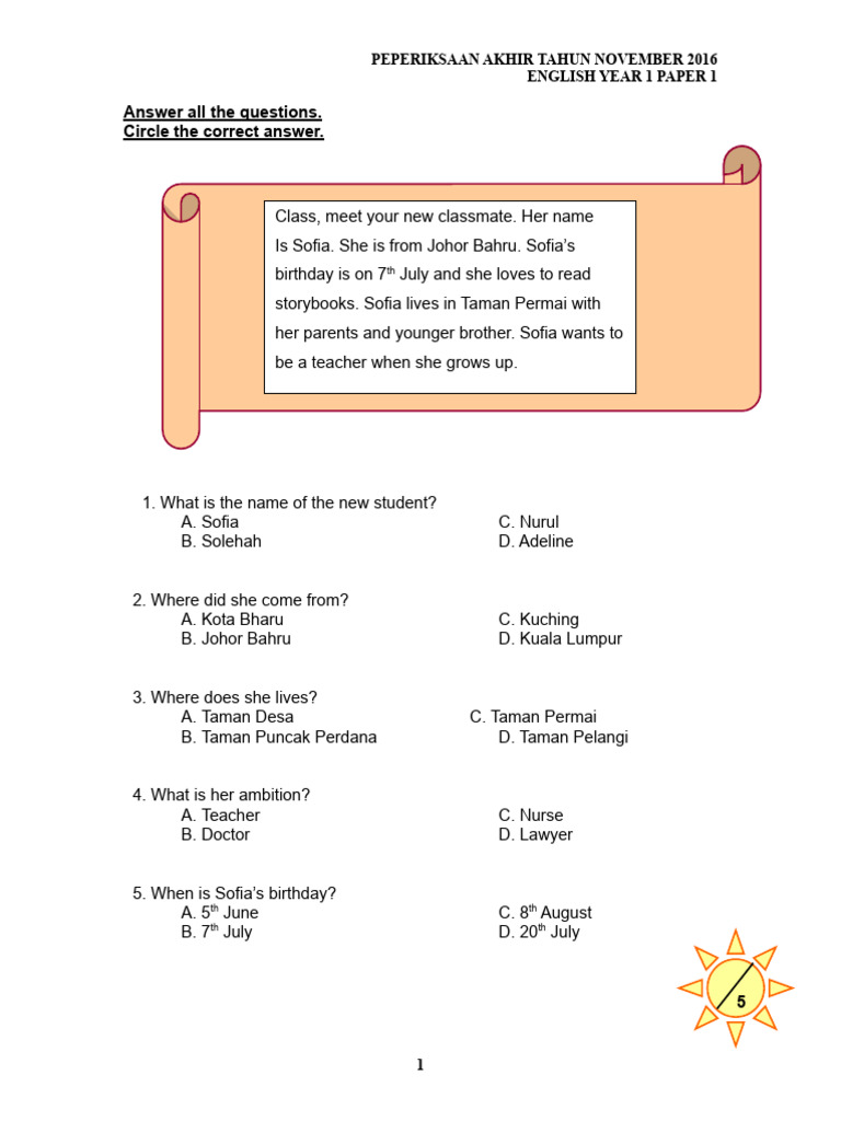 English Year 1 Paper 1 End Year Exam | PDF