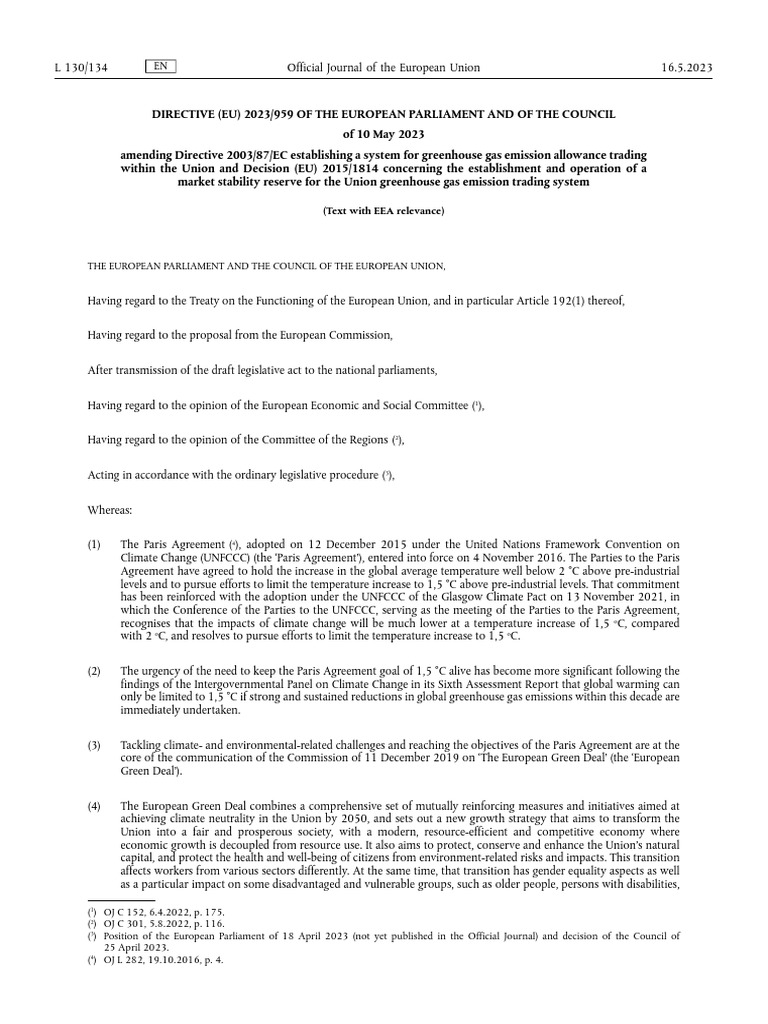 EU ETS Directive 2023-959 - 20230516 (Official) | PDF