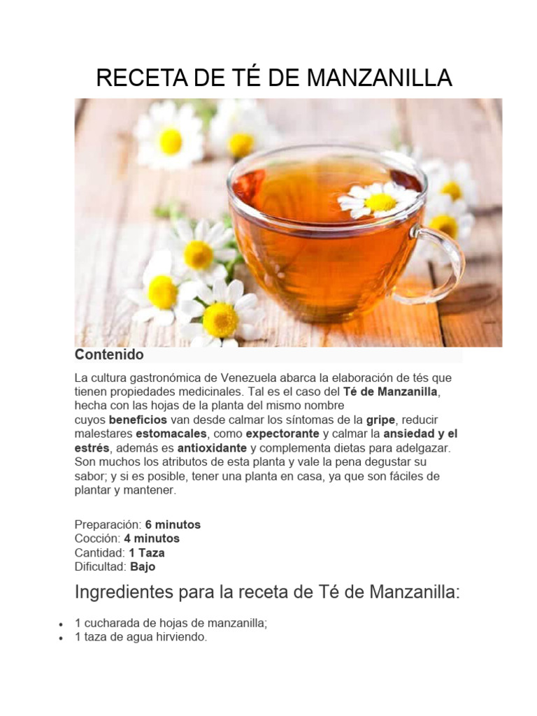 RECETA DE TÉ DE MANZANILLA | PDF | Té