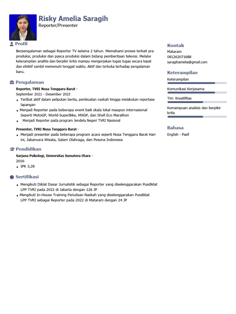 Cv-Risky Amelia Saragih | PDF | Karier & Perkembangan | Seni