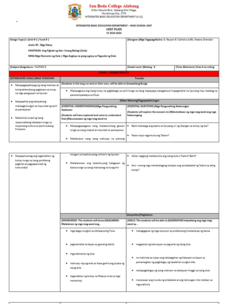 Aralin #4 UbD Plan AY 2023 - 2024 | PDF