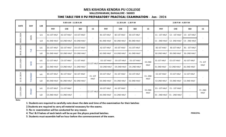 Ii Puc Preparatory Practical Time Table | PDF