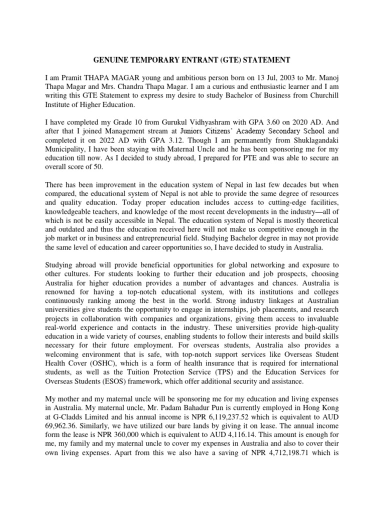 GTE Statement for Australian Study Visa | PDF | Wellness