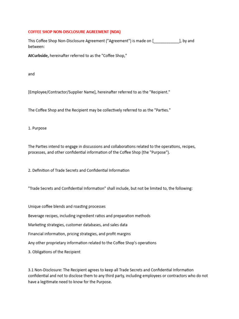 Coffee Shop NDA Template | PDF