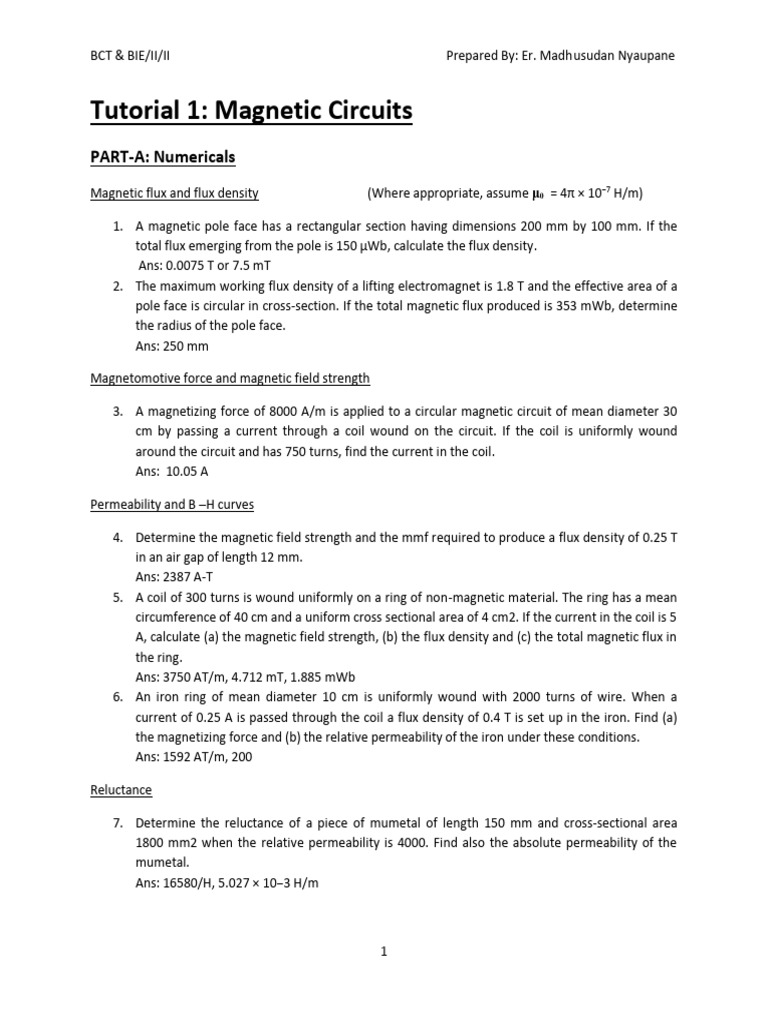 Tutorial 1 Magnetic Circuit BCT & BIE | PDF