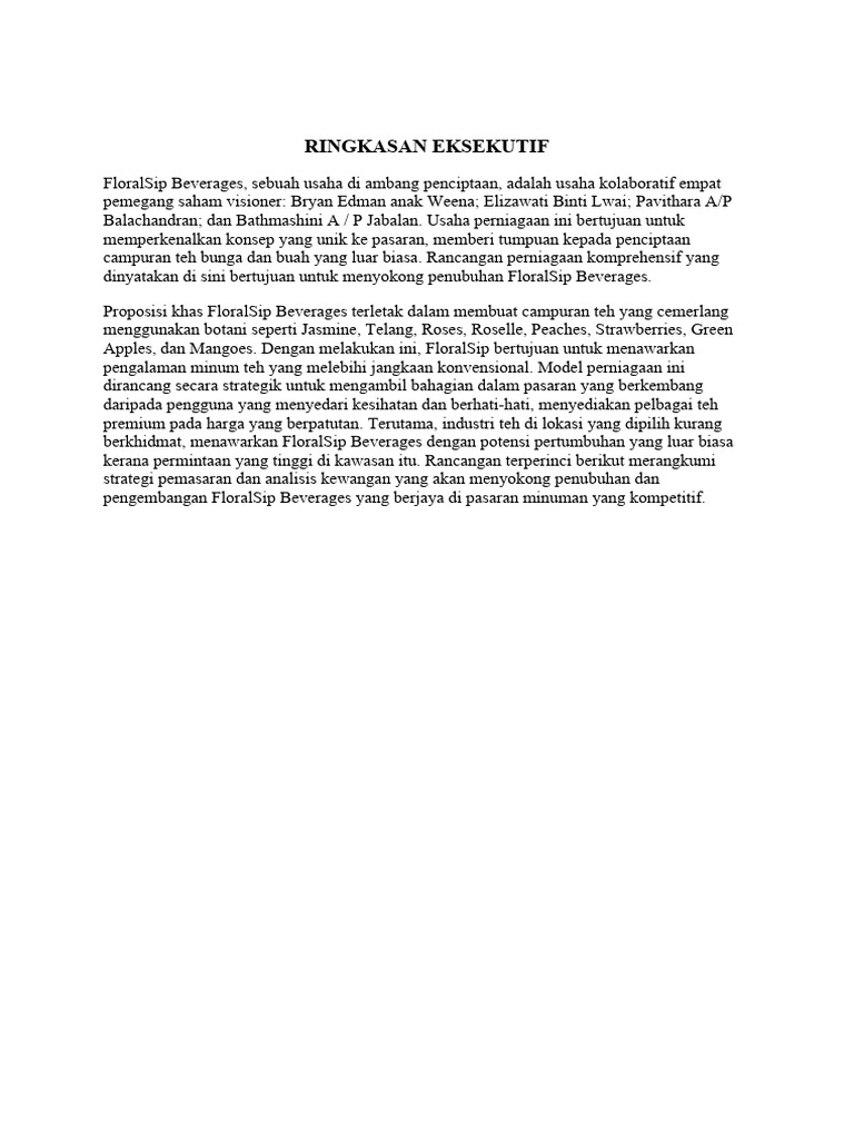 Rancangan Perniagaan FloralSip Teh Unik | PDF | Pengelolaan Keuangan ...