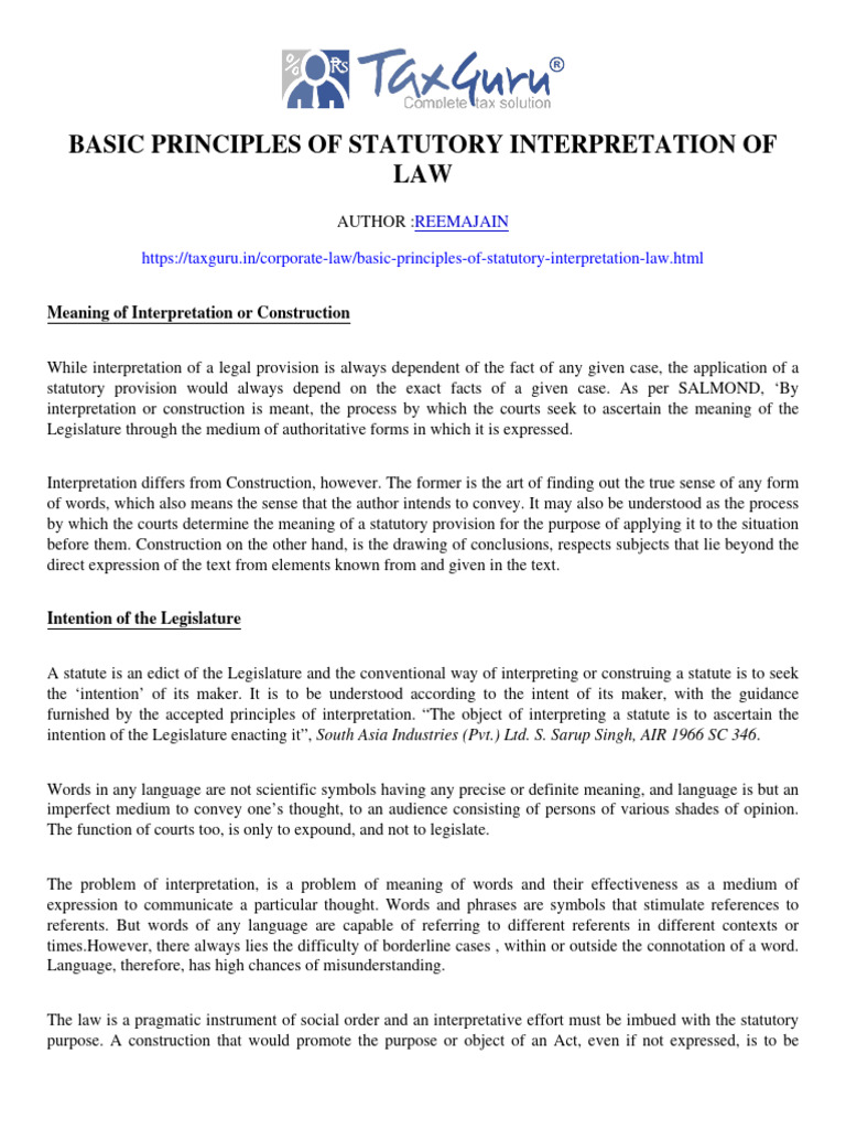 Basic Principles of Statutory Interpretation of Law - Taxguru - in | PDF