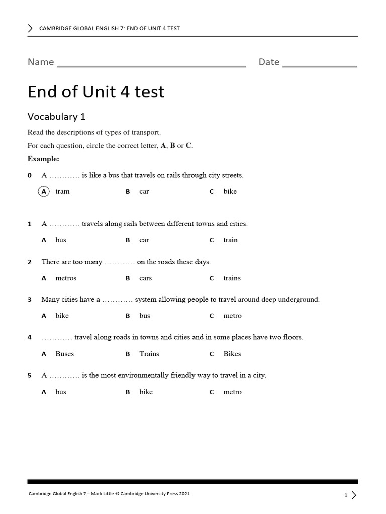 Cambridge Global English 7 Unit 4 Test | PDF