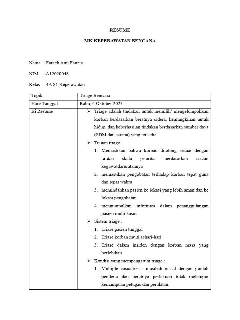 Tugas Resume Triage Bencana - Farach Aini Fauzia (A12020048) | PDF