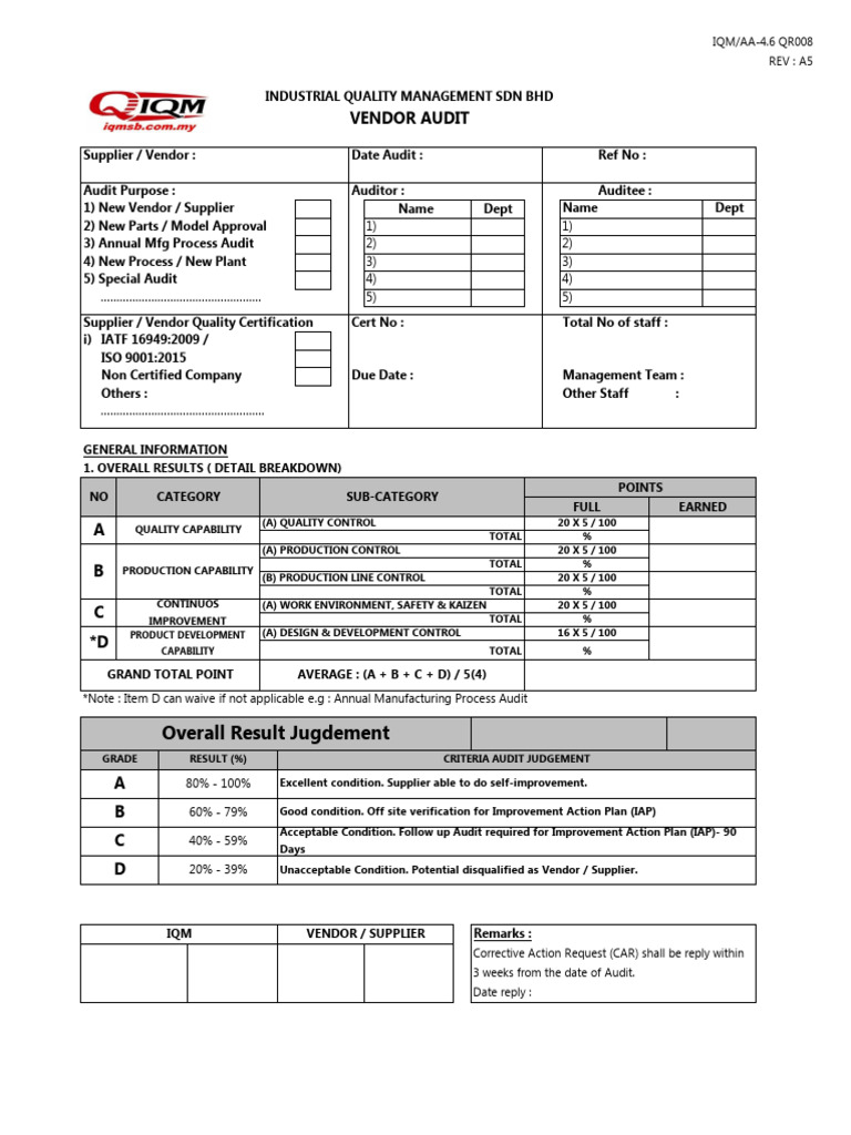 FORM SUPPLIER AUDIT REV A5 (2021) | PDF