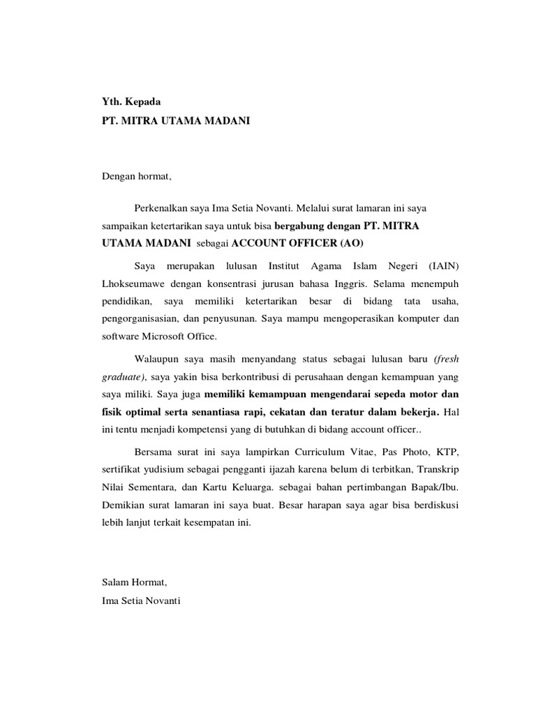 CV - Ima Setia Novanti - Ao - Pt. Mitra Utama Madani | PDF