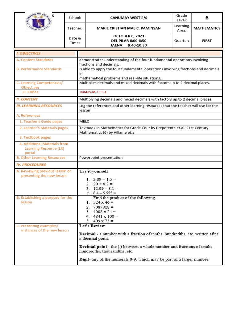 MATH6 WK5 LESSON1 Multiply Decimal | PDF
