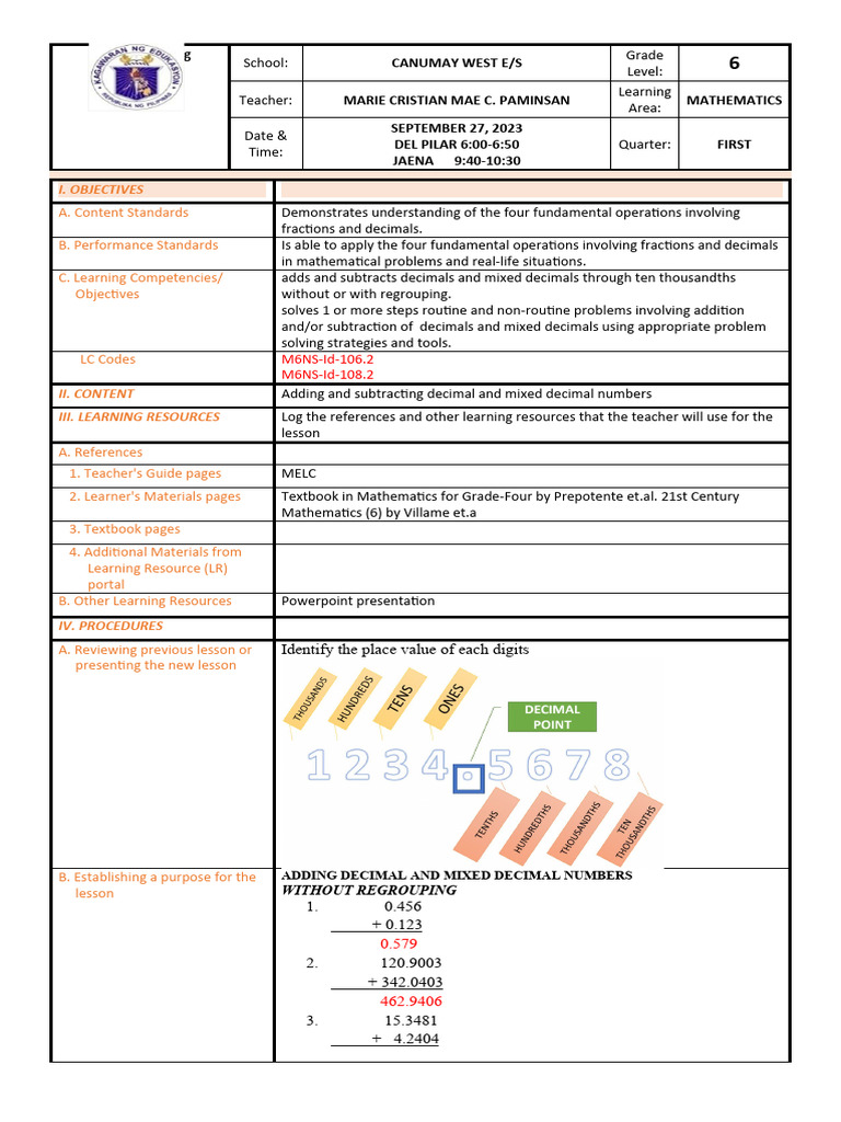 MATH6 WK5 LESSON1 Add Subtract Decimals | PDF | Subtraction | Cognition