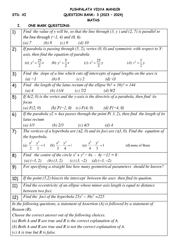 STD. XI Maths Question bank 3 2023 -24 | PDF