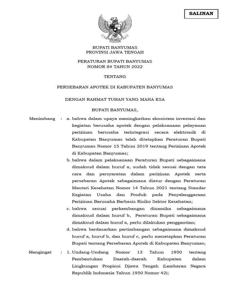 Perbup 84 Tahun 2022 TTG PERSEBARAN APOTEK Rev. 08 | PDF