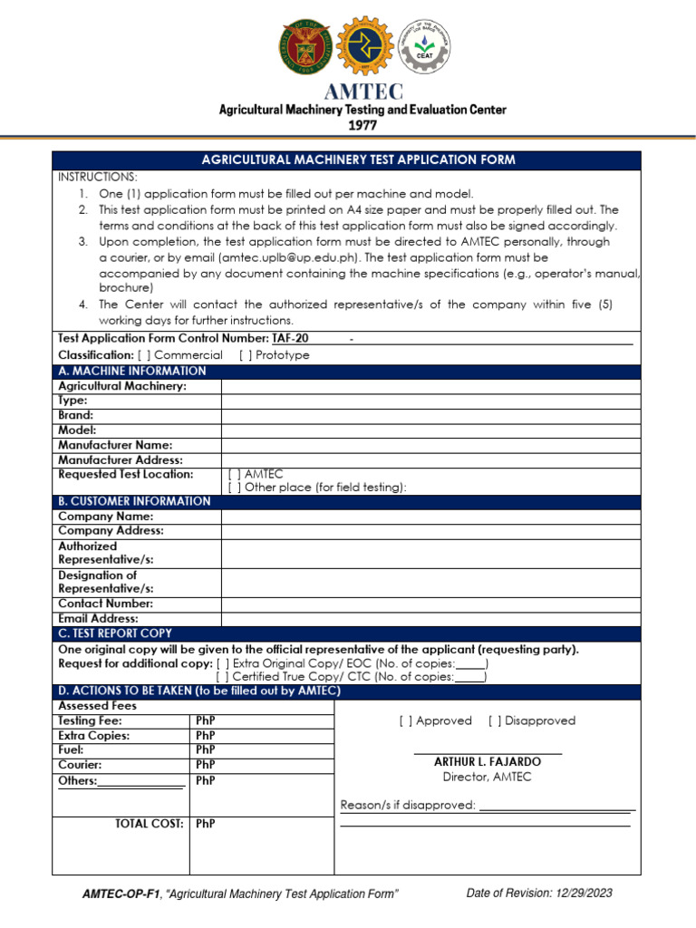 AMTEC-OP-F1 - Agricultural Machinery Test Application Form | PDF