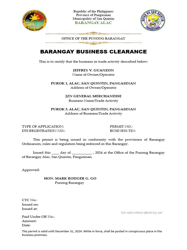 Barangay Business Permit | PDF