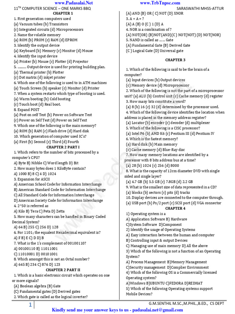 11th Computer Science EM 1 Marks Book Back Questions English Medium PDF ...
