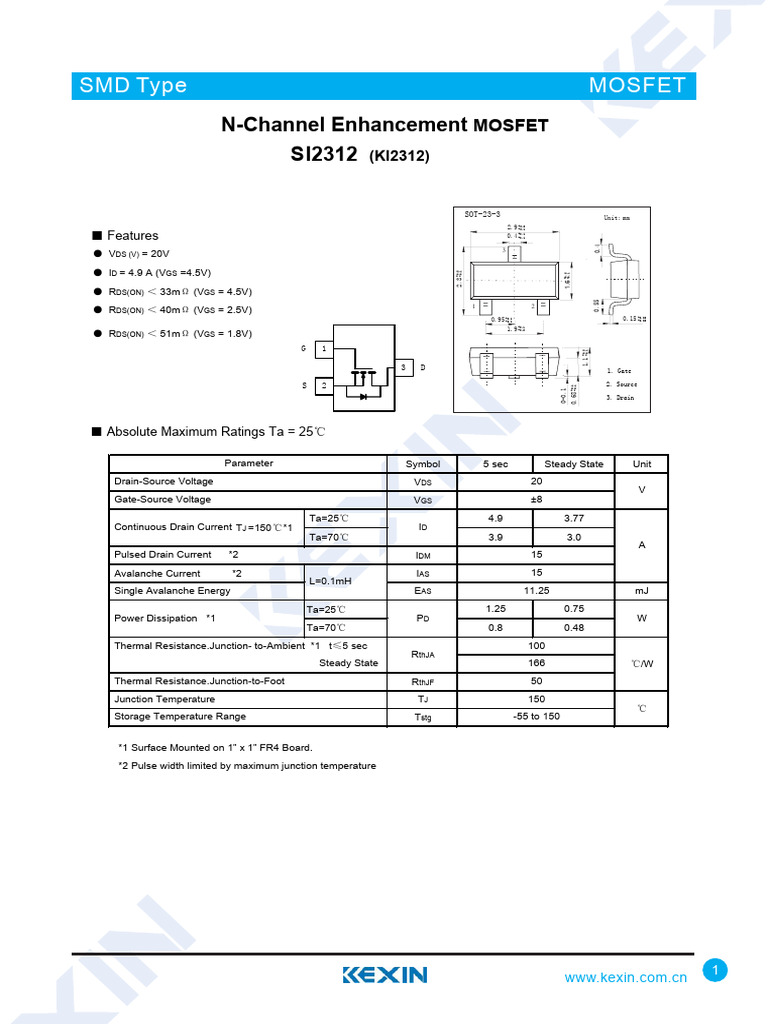 Kexin-Si2312 C382307 | PDF | Field Effect Transistor | Mosfet