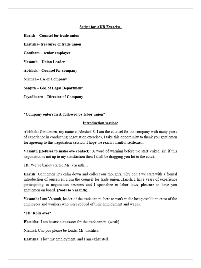 Script For ADR Exercise | PDF | Employment | Trade Union
