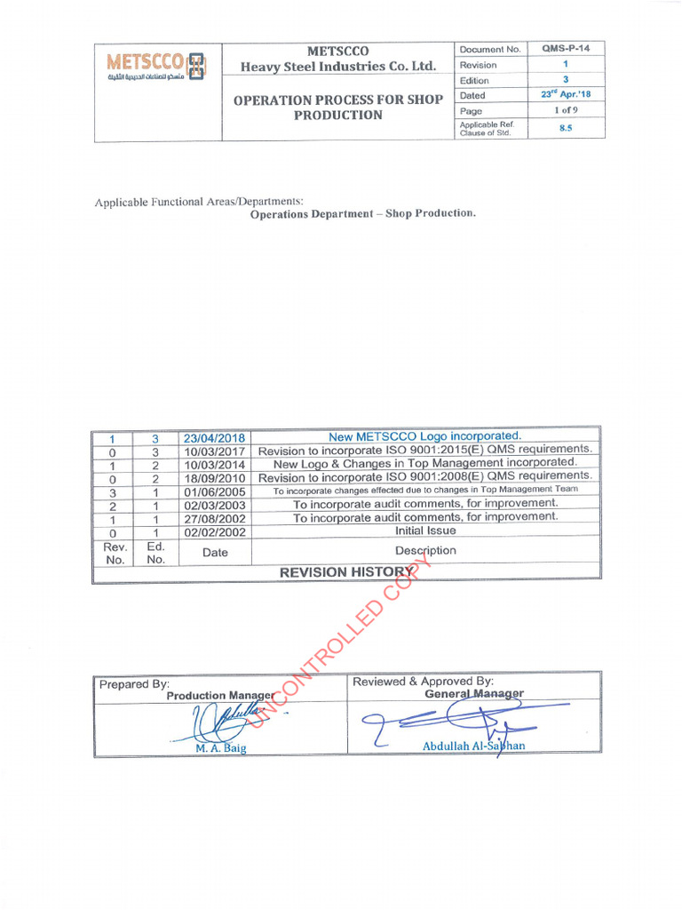 Operation Process For Shop Production | PDF