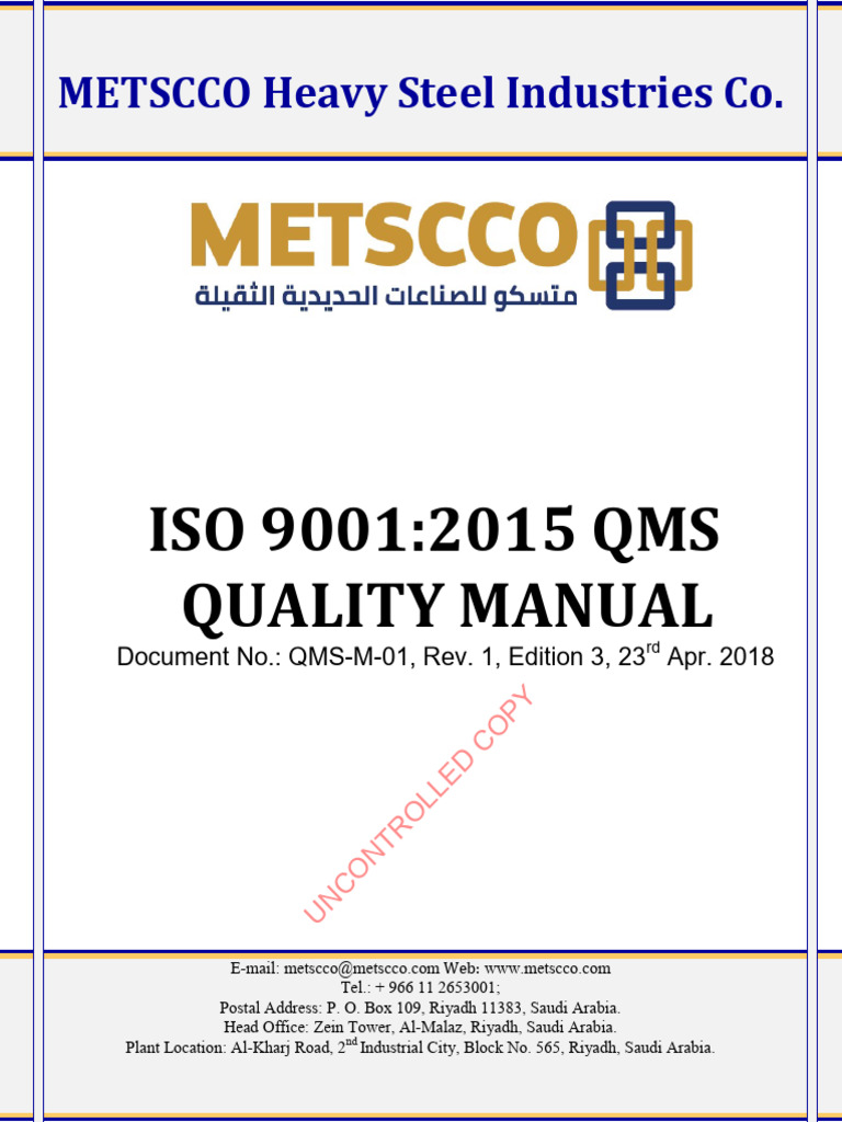 METSCCO ISO 9001:2015 Quality Manual | PDF
