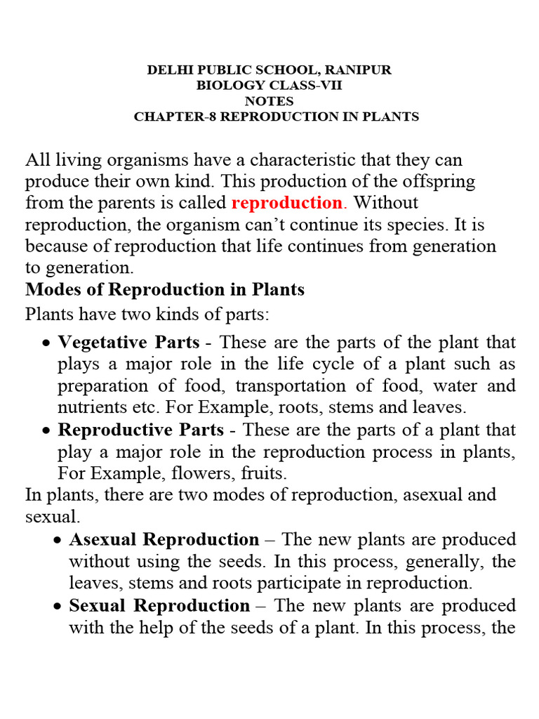 Bio Vii CH8 Reproduction in Plants Notes Ms. Sanghamitra Panda | PDF