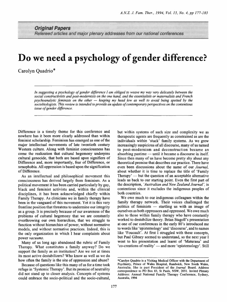 Do We Need a Psychology of Gender Difference (Carolyn Quadrio, 1994) | PDF