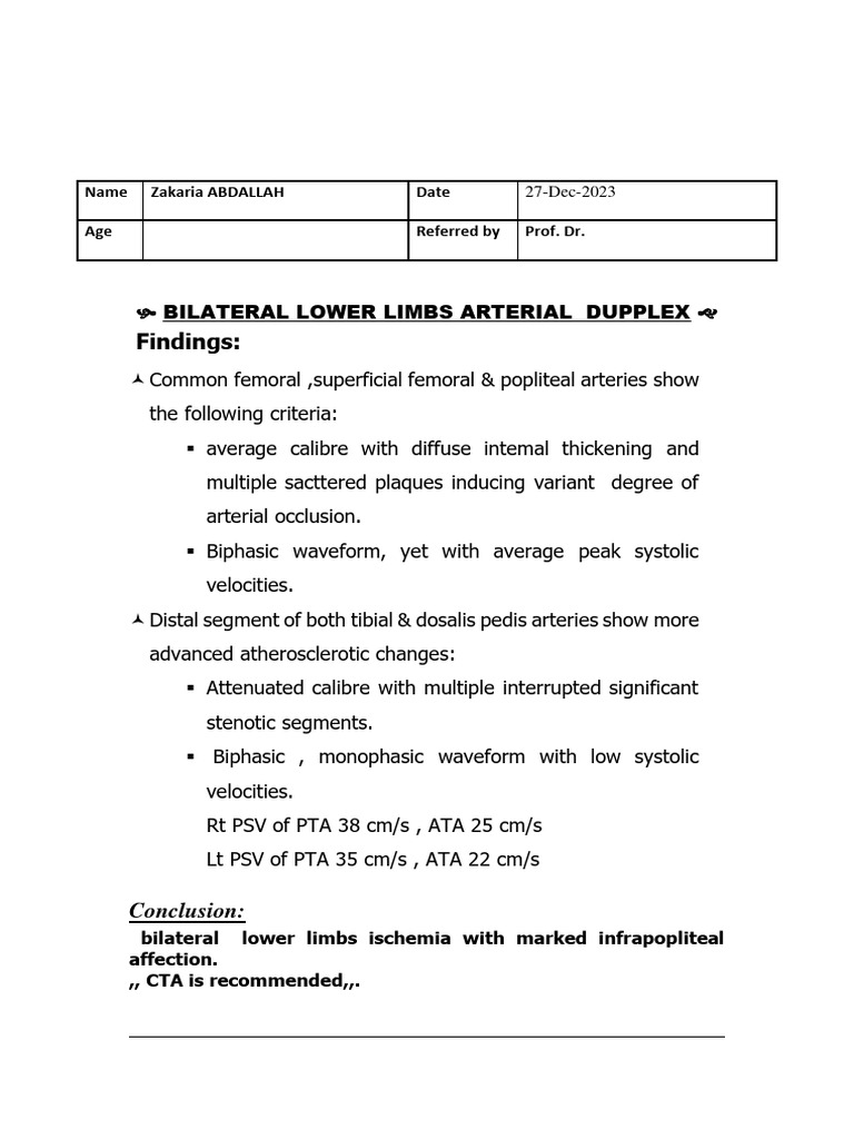 Bilateral Lower Limb Arterial Duplex Findings | PDF
