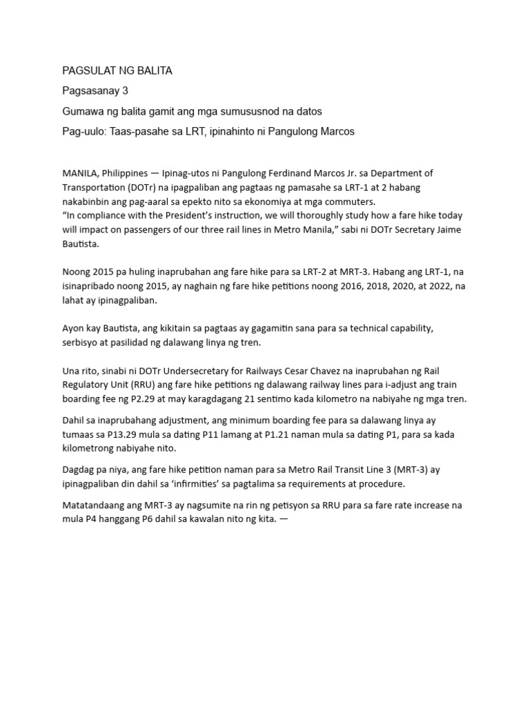 PAGSULAT NG BALITA Mga Pagsasanay | PDF