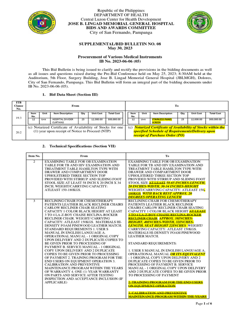 Bid Bulletin 08 - 2023 Procurement of Various Medi | PDF | Chair | Flashlight