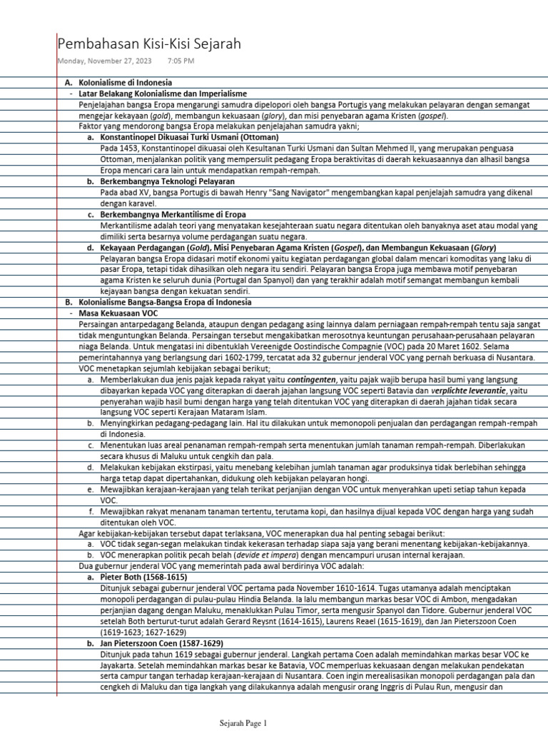 Pembahasan Kisi-Kisi Sejarah (Completed) | PDF