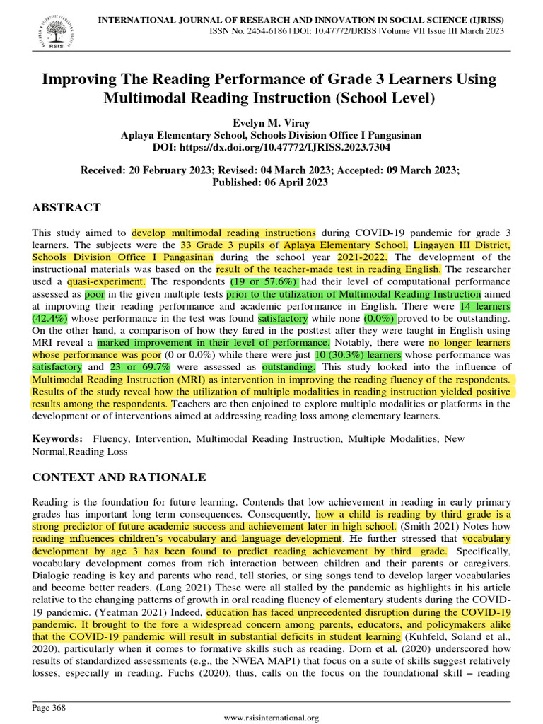 Grade 3 Reading Improvement Study | PDF