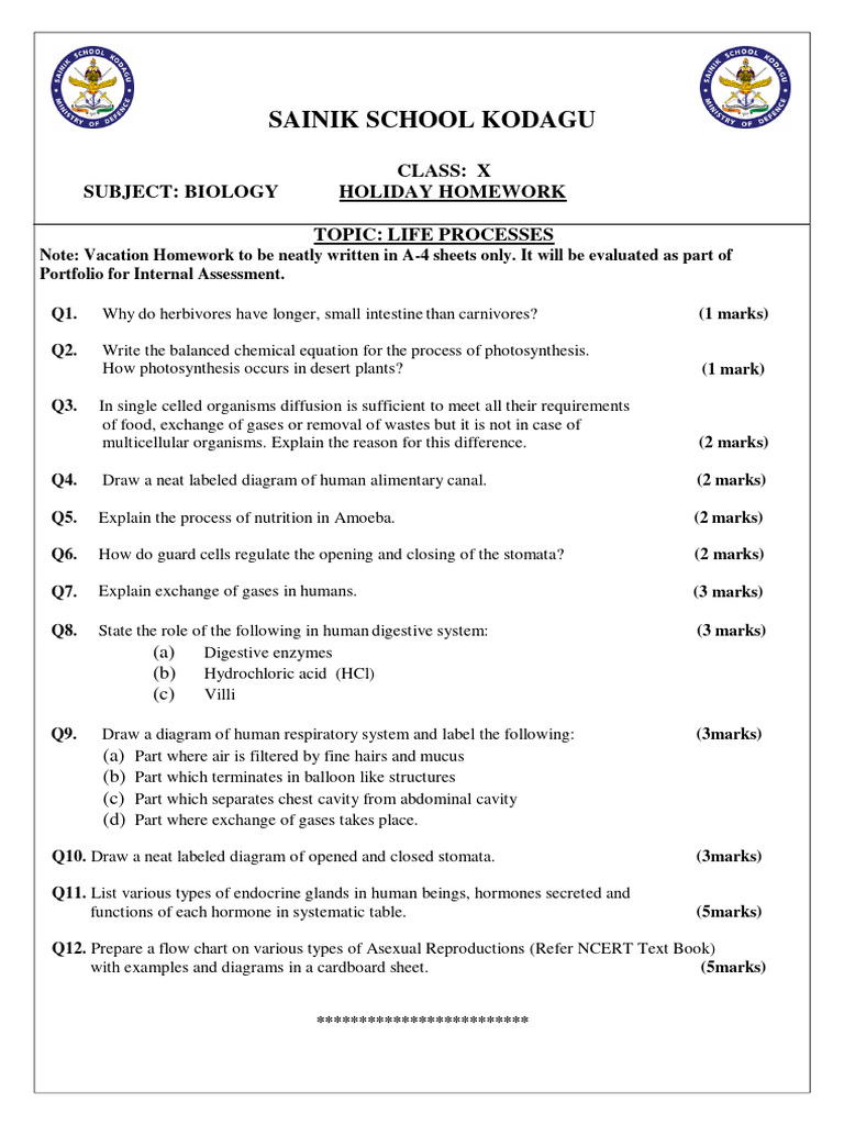 Class 10 Holiday Homework Biology | PDF | Science & Mathematics