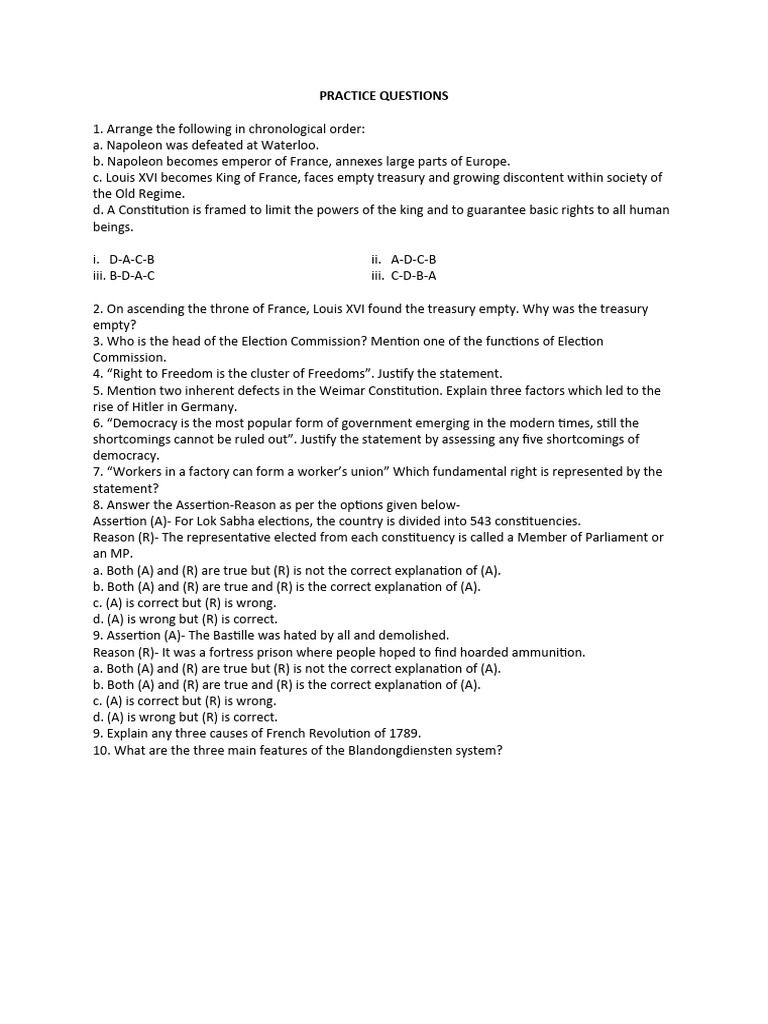 Practise Questions History Class 9 | PDF