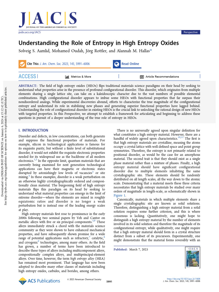 Aamlid Et Al 2023 Understanding The Role of Entropy in High Entropy Oxides | PDF