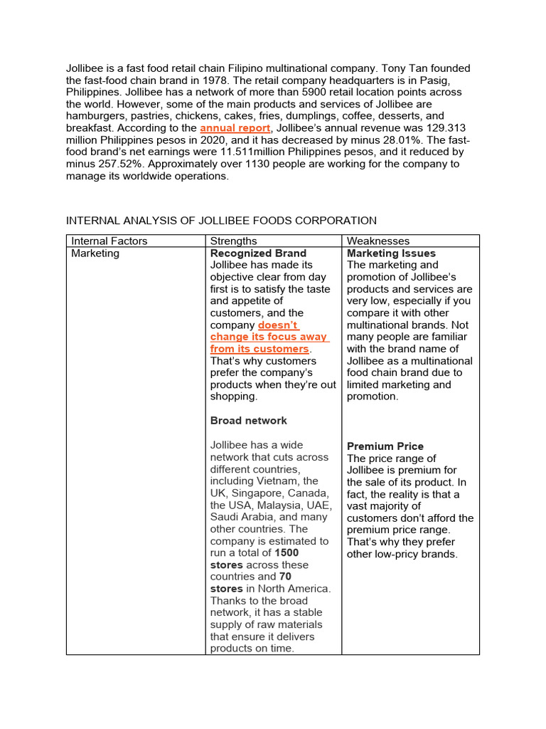 Internal Analysis of Jollibee Food Corp. | PDF