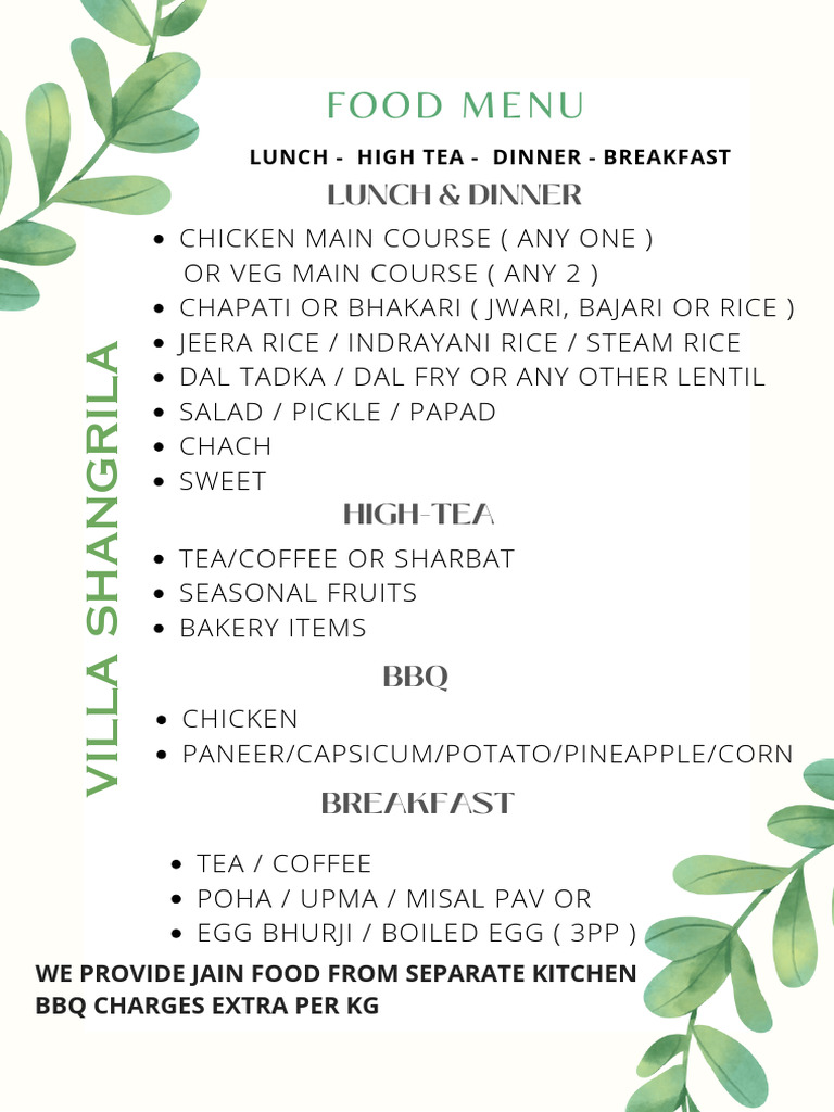 BBQ Food Menu: Lunch, Dinner & High Tea | PDF