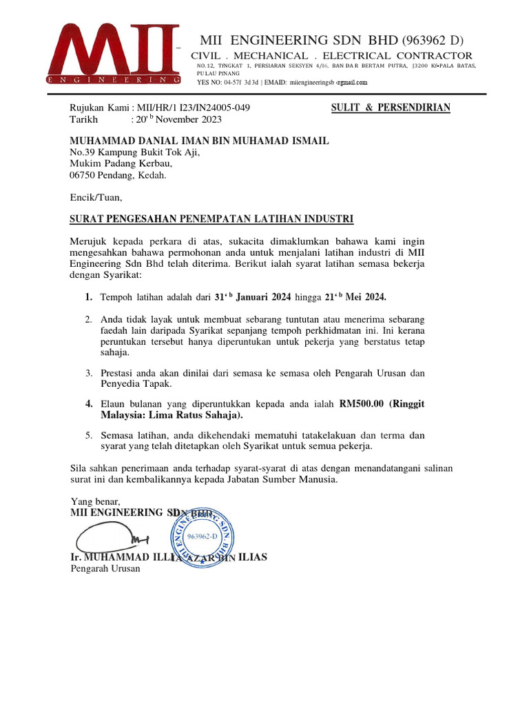 Surat Pengesahan Penempatan Latihan Industri | PDF