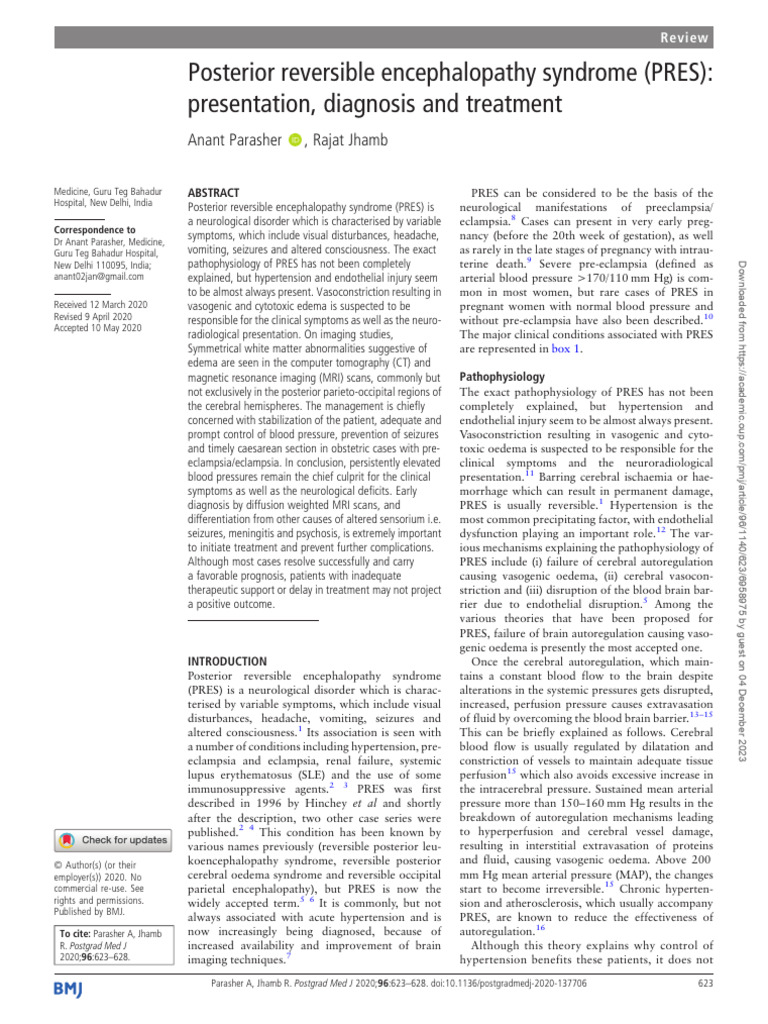 2020 Posterior reversible encephalopathy syndrome (PRES) presentation ...